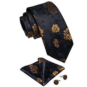 DiBanGu Men Golden Black Floral Neckties Silk Black Floral Tie and Pocket Square Cufflinks Party Wedding