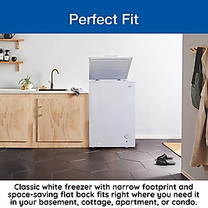 Koolatron Compact Chest Freezer, 3.5 cu ft (99L), White, Manual Defrost Deep Freeze, Storage Basket, Space-Saving Flat Back, Stay-Open Lid, Front-Access Defrost Drain, for Apartment, Condo, Cottage
