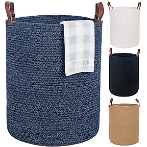 Twira Extra Large 20x16 Inches Cotton Rope Basket, Woven Baby Laundry Blanket Basket with Leather Handle Toy Basket Storage Baskets Bin for Yoga Mat & Towel (Blue）