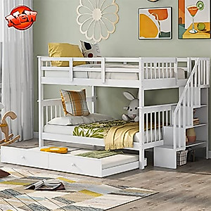 SNIFIT Upgraded Version & Stronger Solid Wood Convertible Bunk Bed Full Over Full with Trundle & Storage Shelves & Stairs, Thickened Reinforced Full Over Full Size Bunkbed (Easier Assembly) (White)