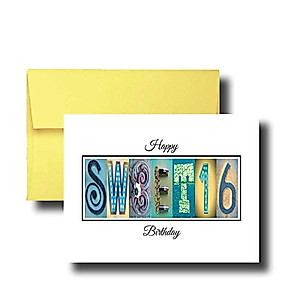 Personalized Sweet 16 Happy Birthday Card, 5" x 7" FLAT CARD, Milestone Greeting Cards