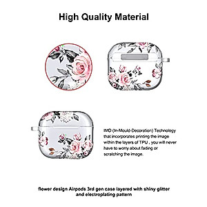 RXKEJI AirPods 3 Case Cover, Rose Flower Clear Case Cute Protective Soft Shockproof Cover with Keychain for Women Girls Compatible with AirPods 3rd Generation Case - Pink
