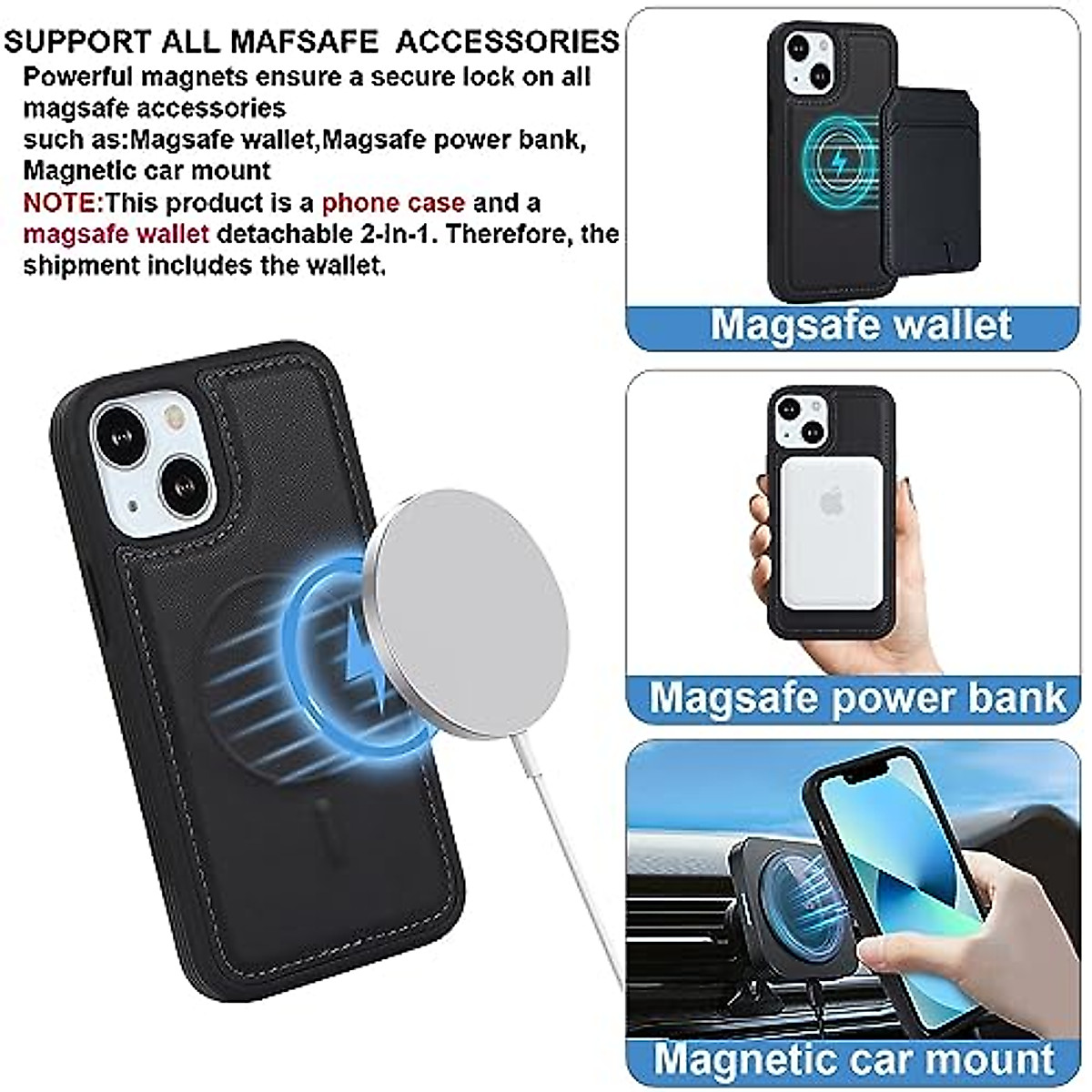 Ｈａｖａｙａ for iPhone 13 Mini Magsafe Case Compatible iPhone 13 Mini Wallet Case with Card Holder iPhone 13 Mini case magsafe Compatible Wallet Phone Cover Detachable 2-in-1 for Women and Men-Black