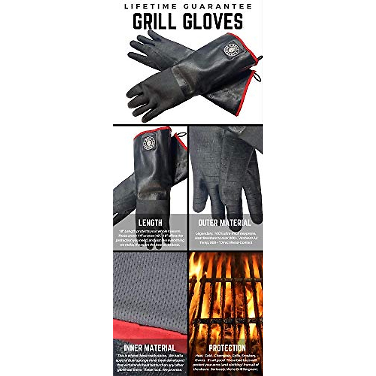 GRILL SERGEANT Grill Oven Gloves, 18”, M/L - 950℉, Smoker, Oil Resistant, Heat Resistant, Oven, BBQ, Grilling, Cooking Barbecue Gloves, Waterproof, Neoprene, Grab Hot Food Directly From Your Grill