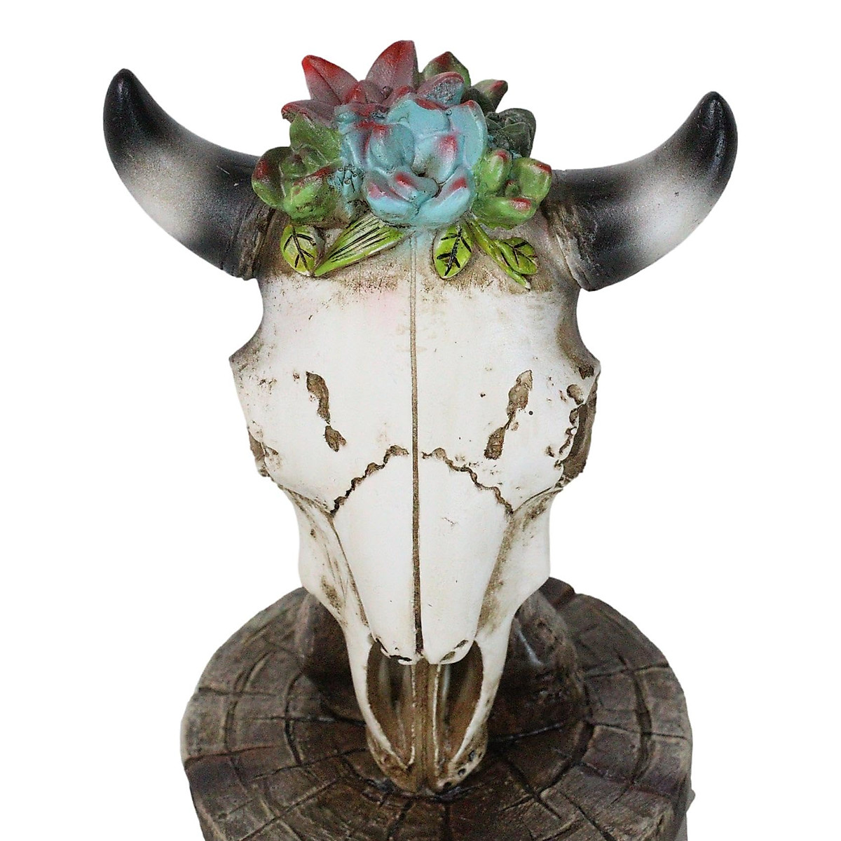 Ebros Gift Southwest Aged Bone Bull Cow Steer Head Skull with Floral Succulents Sculpture On Round Wooden Slice Base As Bisons Steers Cows Fossil Faux Taxidermy Rustic Western Decor Sculpture