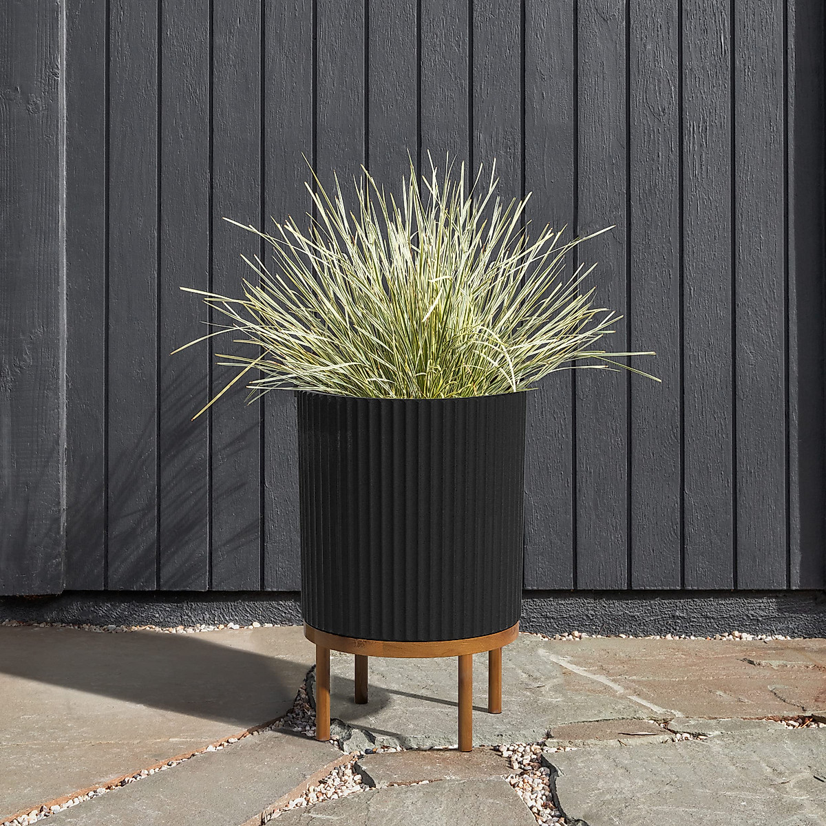 Veradek Demi Series Round Planter w/ Stand for Porch/Patio | Durable Plastic-Concrete & Wooden Stand | Modern Décor for Tall Plants, Flowers