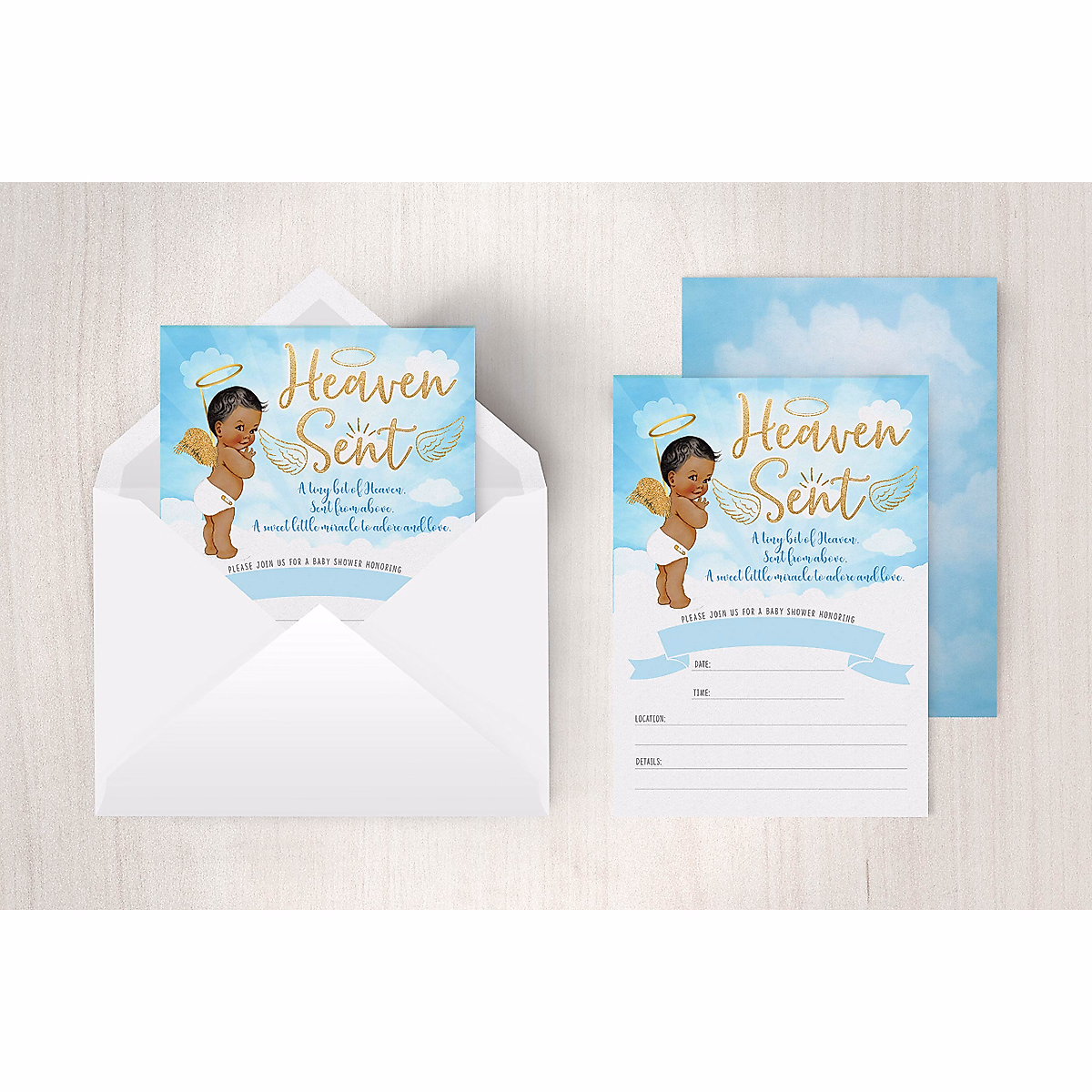 Heaven Sent Boy Baby Shower Invitation - African American Cute Clouds and Celestial Angel Baby Shower Invite - Twinkle Twinkle Little Star - 20 Fill-in Invitations and Envelopes