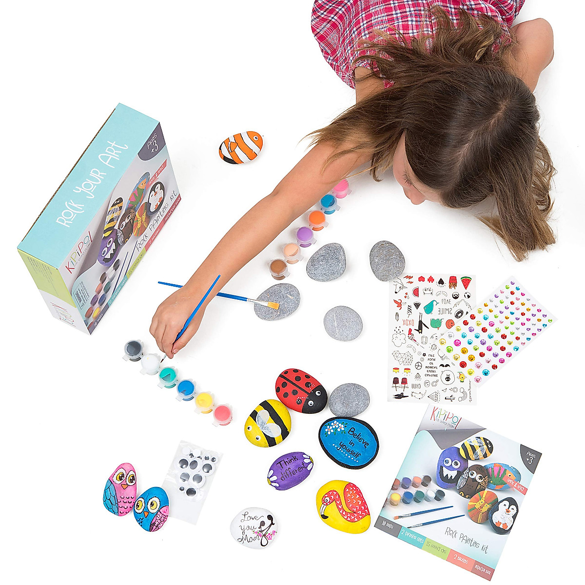 Kipipol Rock Painting Kit for Kids - DIY Arts and Crafts kit for Girls, Boys Ages 3, 4, 5, 6-12 - Kid Rock Art w/10 Rocks for Painting, 12 Acrylic Paints, 2 Brushes, 15 Googly Eyes, 2 Transfer Sheets