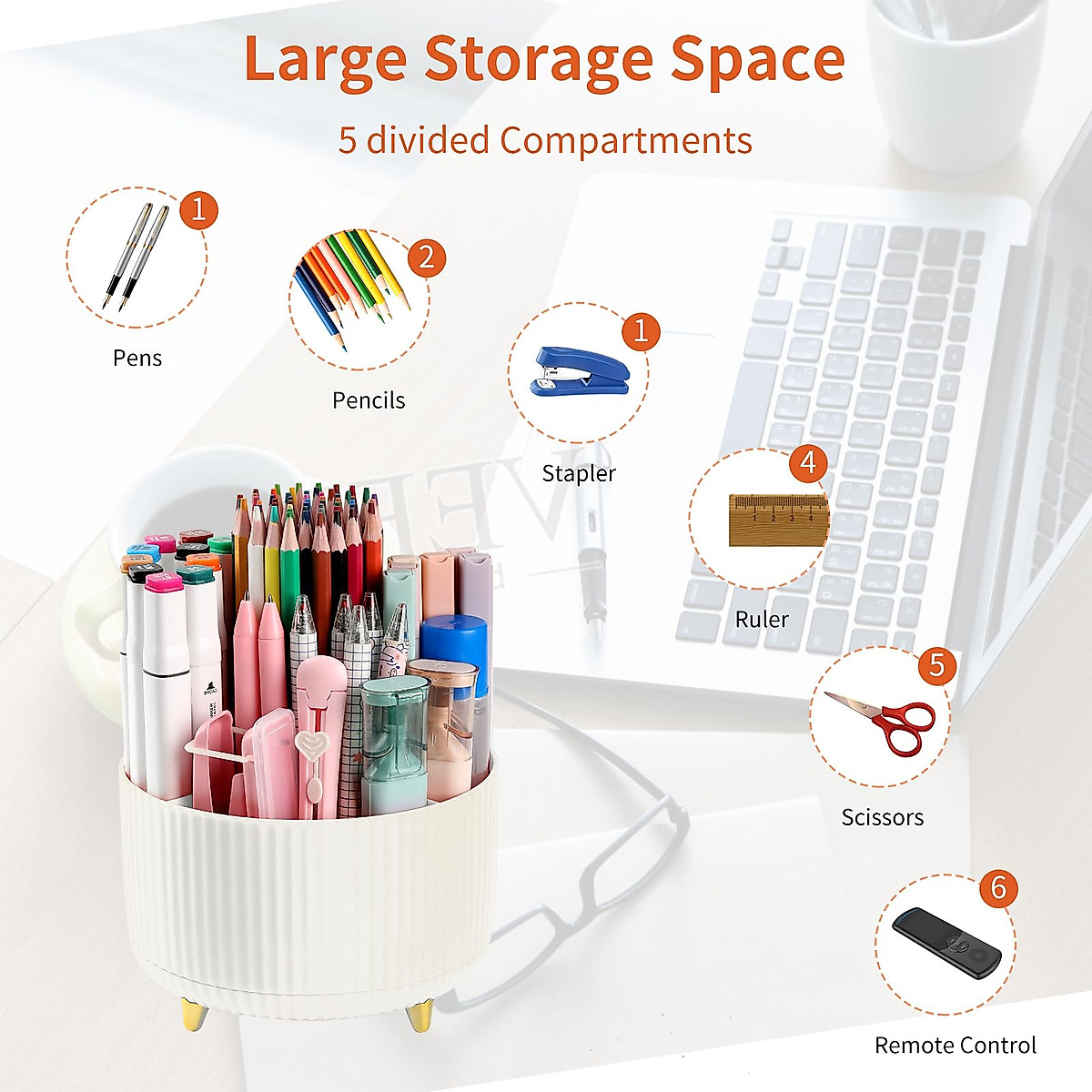 Desk Pen Holder, 5 Slot 360 Rotating Pen Organizer for Desk, Desktop Storage Stationery Supplies Organizer, Cute Pencil Cup Pot for Office, School, Home, Art Supply, Beige