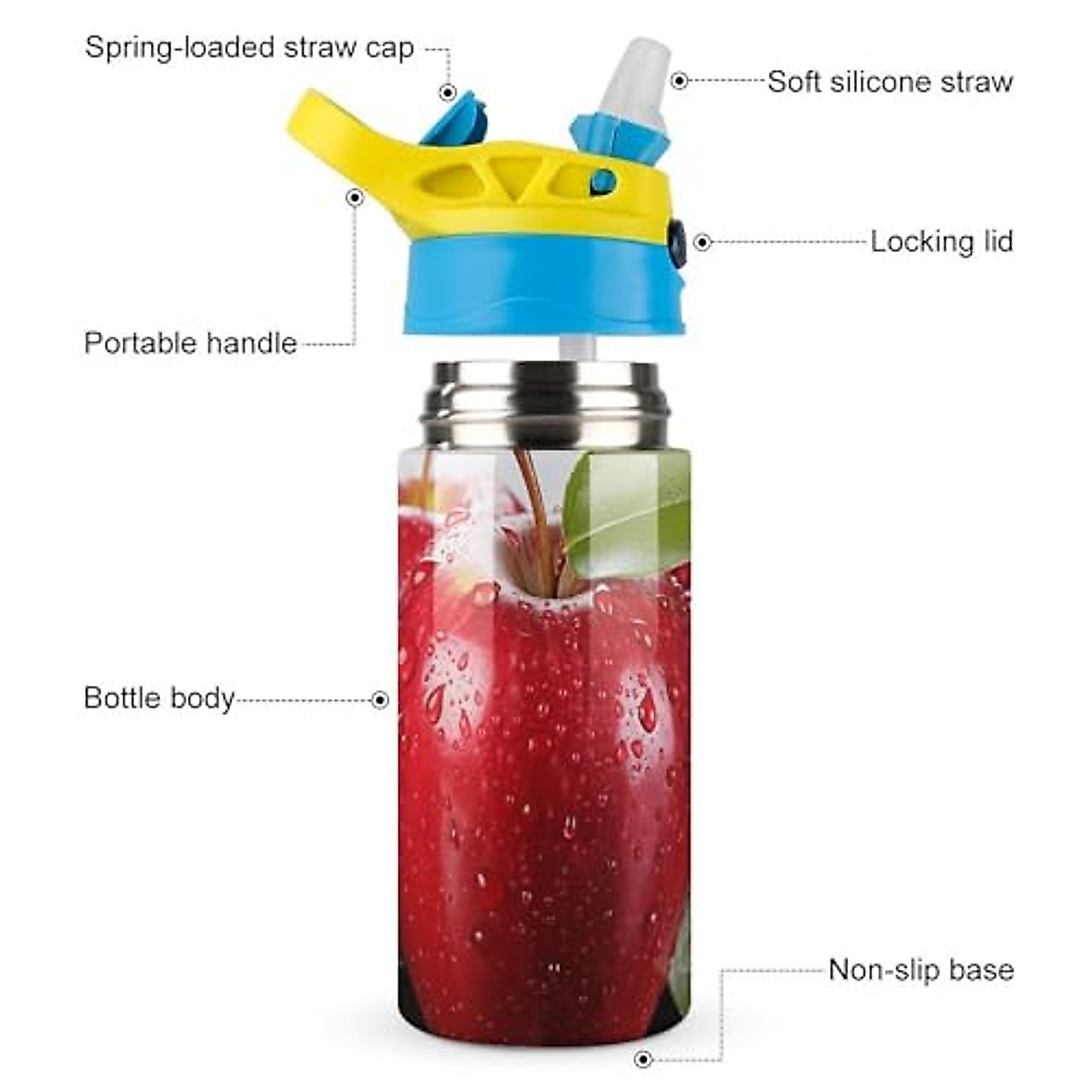Stainless Steel Water Bottles Red Apple Fruit Travel Water Cups with Handle And Silicone Straw Drinking Cup with Leak Proof Lid Thermo Travel Mug for Women Men