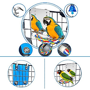 Eeaivnm 7 Inch Pet Bird Mirror Swing Parrot Cage Toys with Rope Perch, Parrot Parakeet Mirror with Bird Swing Bell Toys for Parakeet Cockatoo Cockatiel Conure Lovebirds Finch Canaries