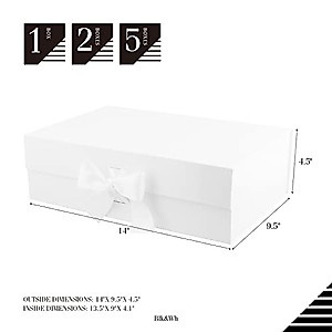 BLK&WH Large Gift Box with Ribbon 13.5x9x4.1 Inches, White Gift Box with Lid Large, Bridesmaid Proposal Box, Luxury Magnetic Box for Presents (Glossy White)