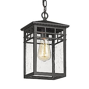 Diyel Outdoor Pendant Light Lanterns for Front Porch, Black Exterior Hanging Light Fixtures with Seeded Glass Shade for Patio, Entryway, Garage, Gazebo, RZ009-H BK