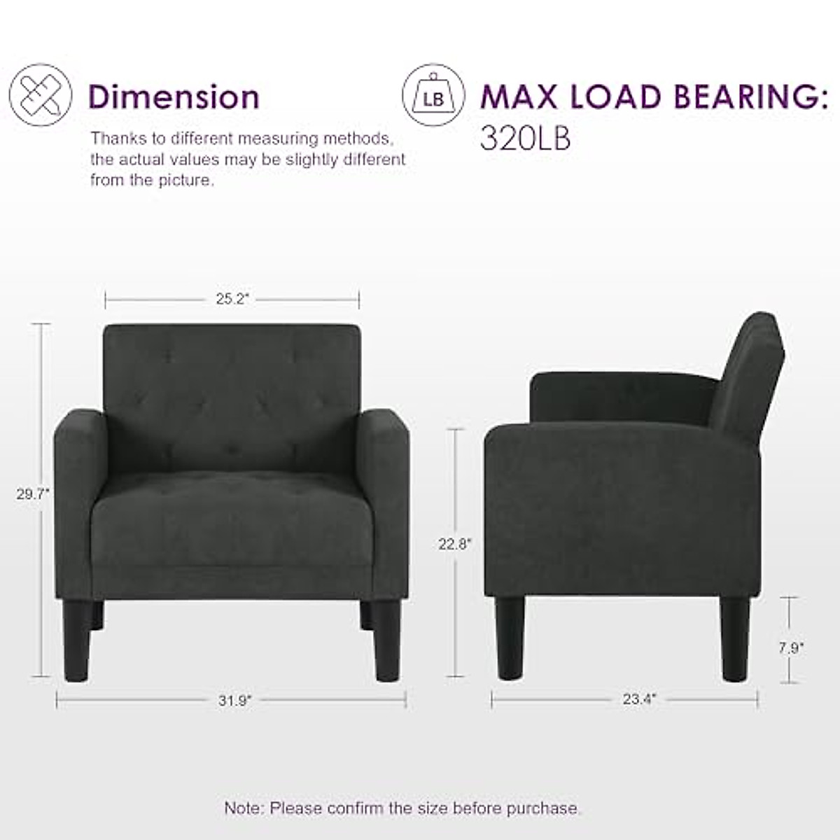 TYBOATLE Accent Chair, Fabric Living Room Arm Chairs for Bedroom, Mid Century Modern Upholstered Tufted Bedroom Office Armchair Single Sofa，Reading Lounging Side Lounge Chair (Dark Grey)