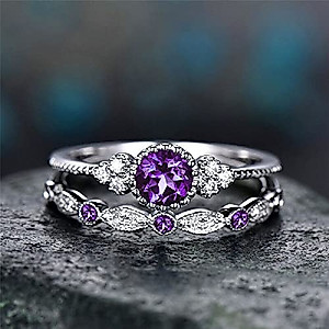 Fuqimanman2020 2pcs Women's Statement Stainless Steel Engagement Bands Cubic Zirconia CZ Ring Set-Purple 10