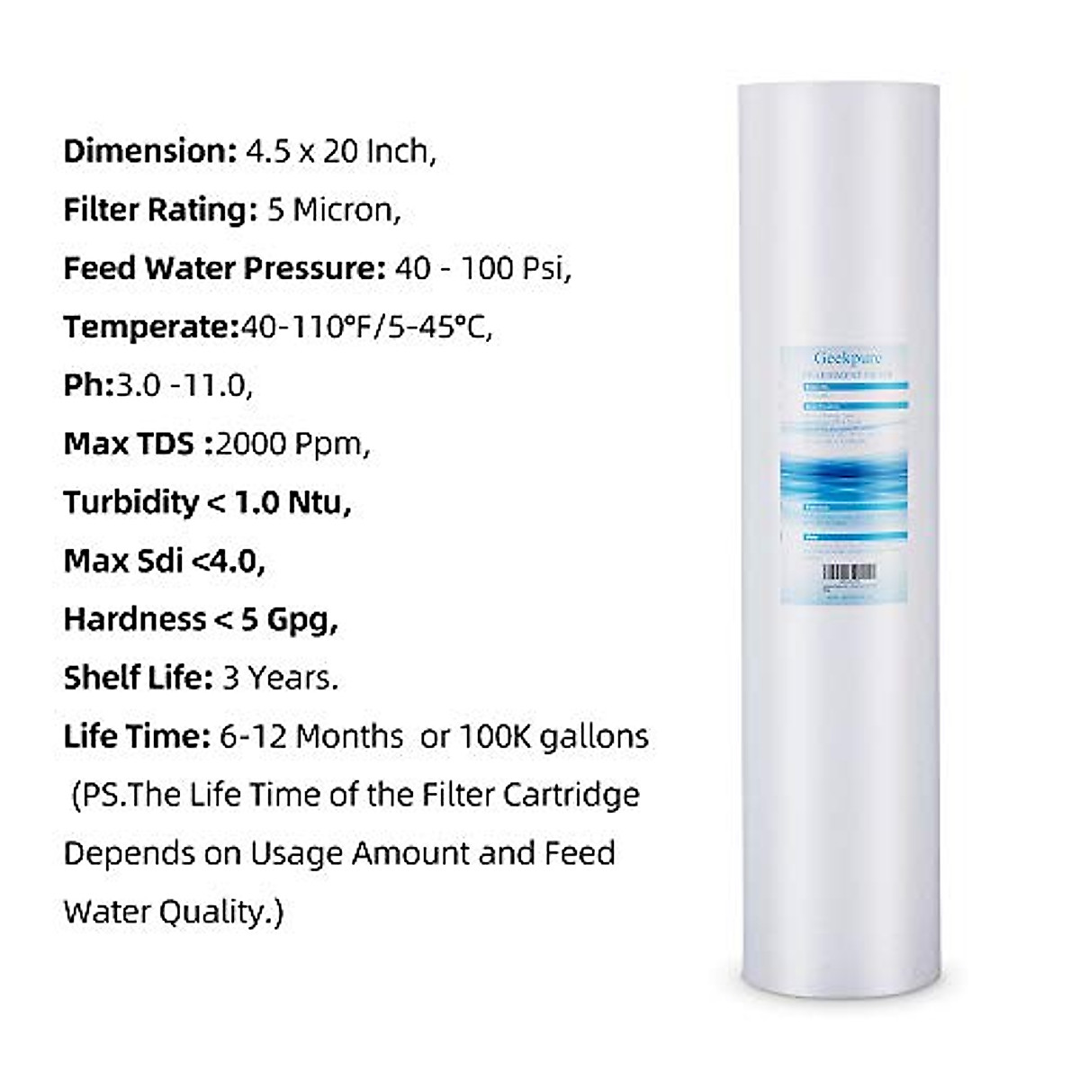 Geekpure 20-Inch Whole House Polypropylene PP Sediment Filter-4.5" x 20"-5 Micron