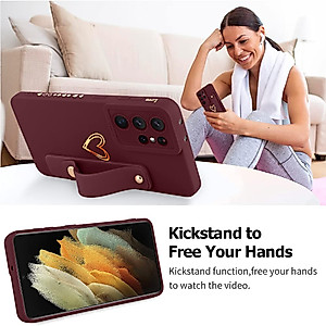 Fiyart Designed for Samsung Galaxy S21 Ultra Case with Phone Stand Holder Cute Love Hearts Protective Camera Protection Cover with Wrist Strap for Women Girls for Galaxy S21 Ultra 6.8"-Wine Red