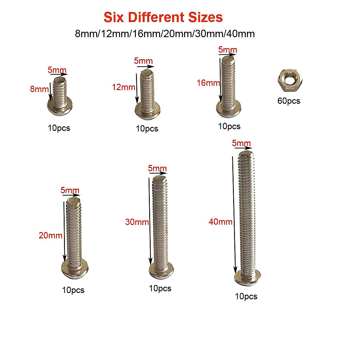 120Pcs M5 x 8mm,12mm,16mm,20mm,30mm,40mm Hex Socket Head Cap Bolts Nuts Screws Assortment Set 304 Stainless Steel Allen Socket Drive Machine Screws with Wrench (120PCS M5 Hex Screws Nuts)