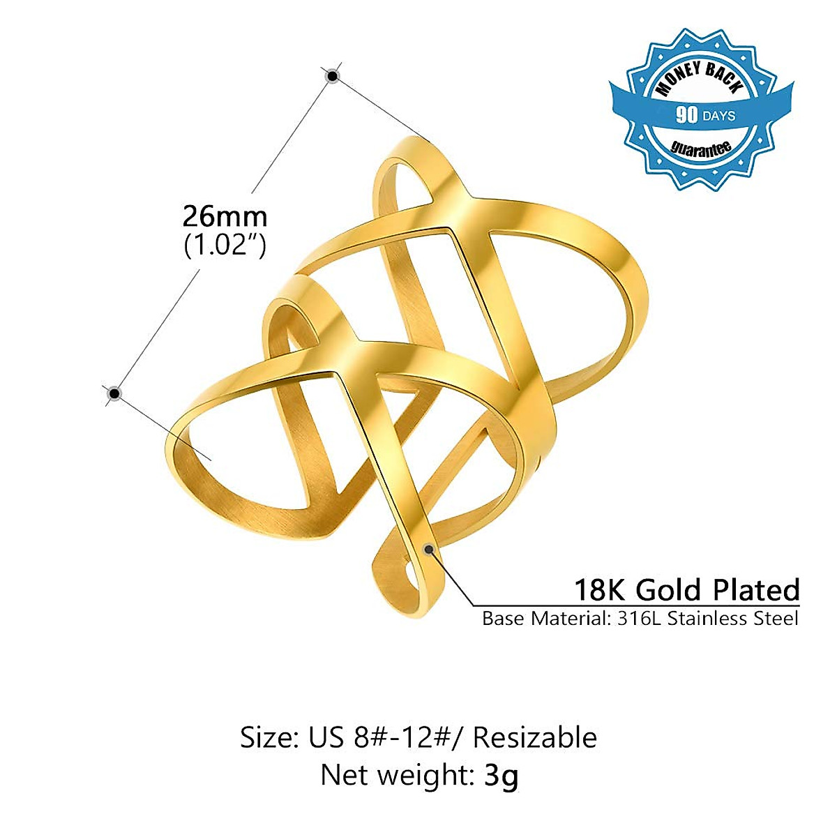 PROSTEEL Full Finger Long Ring For Women Simple X Cross Band Casual Rings Adjustable Boho Knuckle Vintage Gold Plated Cocktail Open Ring