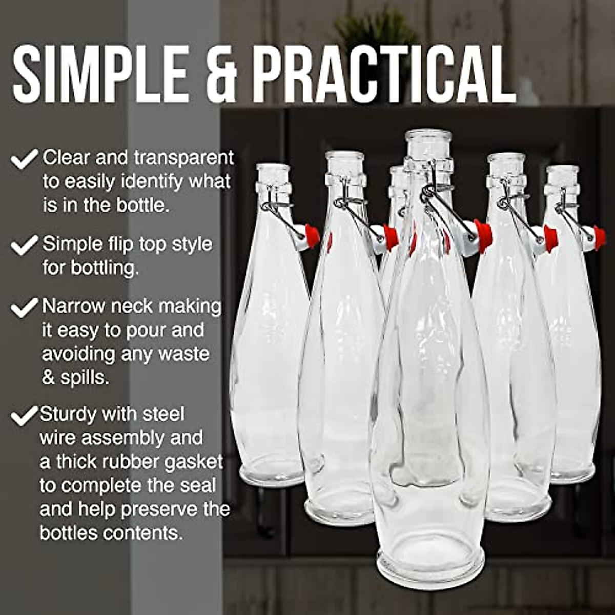 Nevlers Set of 6 | 33 Oz Glass Bottle Set with Swing Top Stoppers and Includes Bottle Brush - Funnel and Gold Glass Marker | Swing Top Glass Bottles | Clear Glass Water Bottle