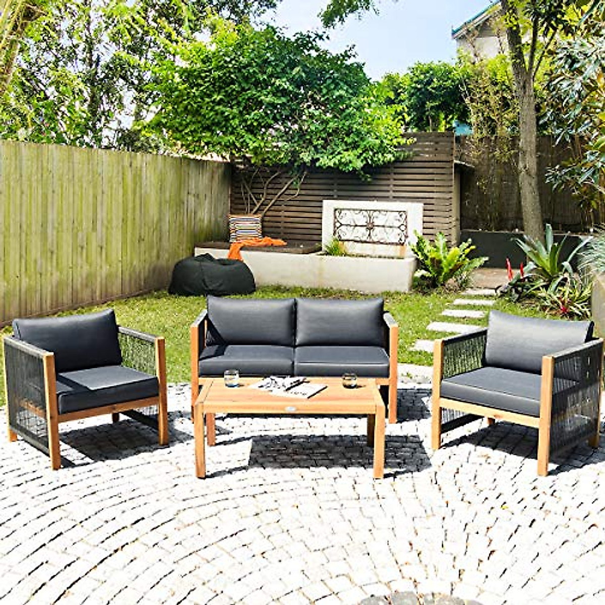Tangkula Outdoor Wood Furniture Set, Acacia Wood Frame Loveseat Sofa, 2 Single Chairs and Coffee Table, 4 Pieces Conversation Set with Cushions, Garden Balcony Poolside Outdoor Living Set (1, Grey)