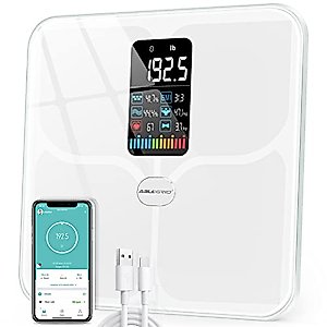 Body Fat Scale, ABLEGRID Digital Smart Bathroom Scale for Body Weight, Large LCD Display Screen, 16 Body Composition Metrics BMI, Water Weigh, Heart Rate, Baby Mode, 400lb, Rechargeable (White)