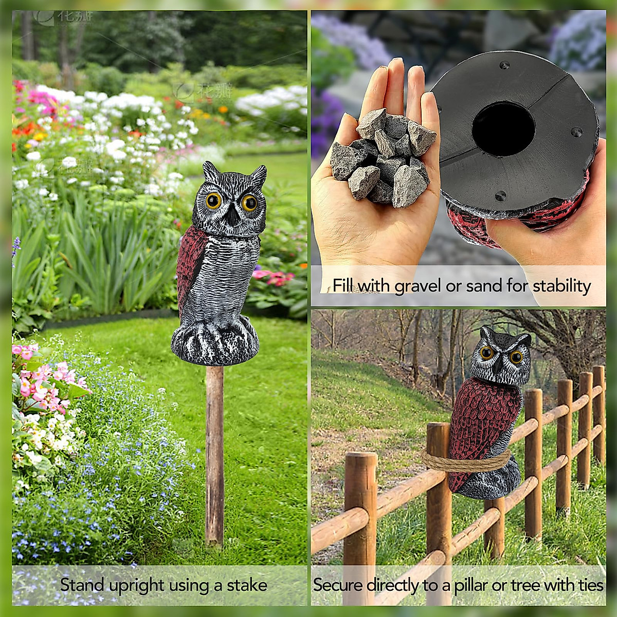 3PCS Bird Owl to Frighten Birds,Fake Owl Statue Decoy,Plastic Owl Scarecrow with Rotating Head for Garden Yard Outdoor