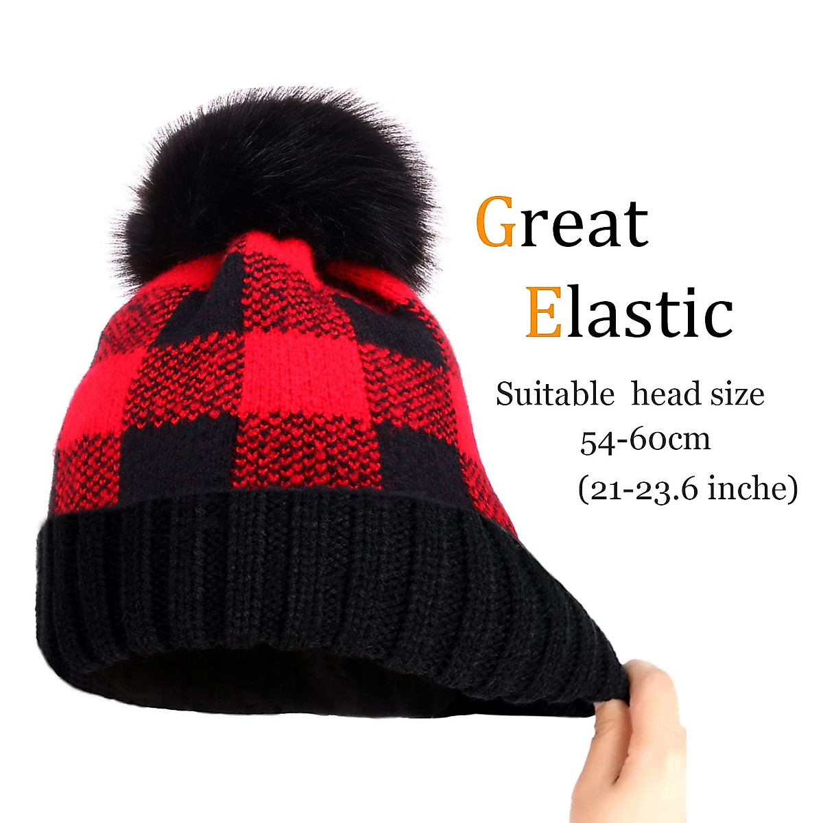 CRUOXIBB Winter Soft Stretch Buffalo Plaid Cuff Beanie Hat Thick Chunky Warm Knit Skull Ski Cap (Black/red+Glove+Scarf)