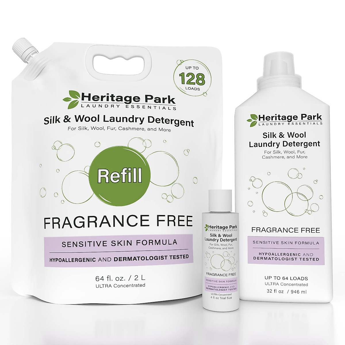 Heritage Park Silk & Wool Fragrance Free, Hypoallergenic, pH-Neutral Laundry Detergent - Dermatologist-tested, Sensitive Skin-Friendly, Enzyme-Free, Ultra Concentrated (64 fl oz Refill)