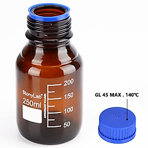 stonylab Storage Bottles with GL45 Screw Cap, 250 ml Amber Borosilicate Glass Graduated Round Storage Bottle for Lab Reagent Media Storage Bottles with Blue Screw Cap, 1 Pack