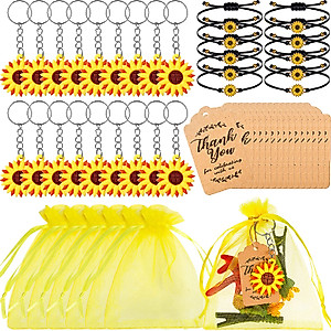 170 Pcs Sunflower Party Favors Include Sunflower Keychains Adjustable Sunflower Bracelets Thank You Kraft Tags Organza Bags for Birthday Summer Party Wedding School Reward Baby Shower Return Gifts
