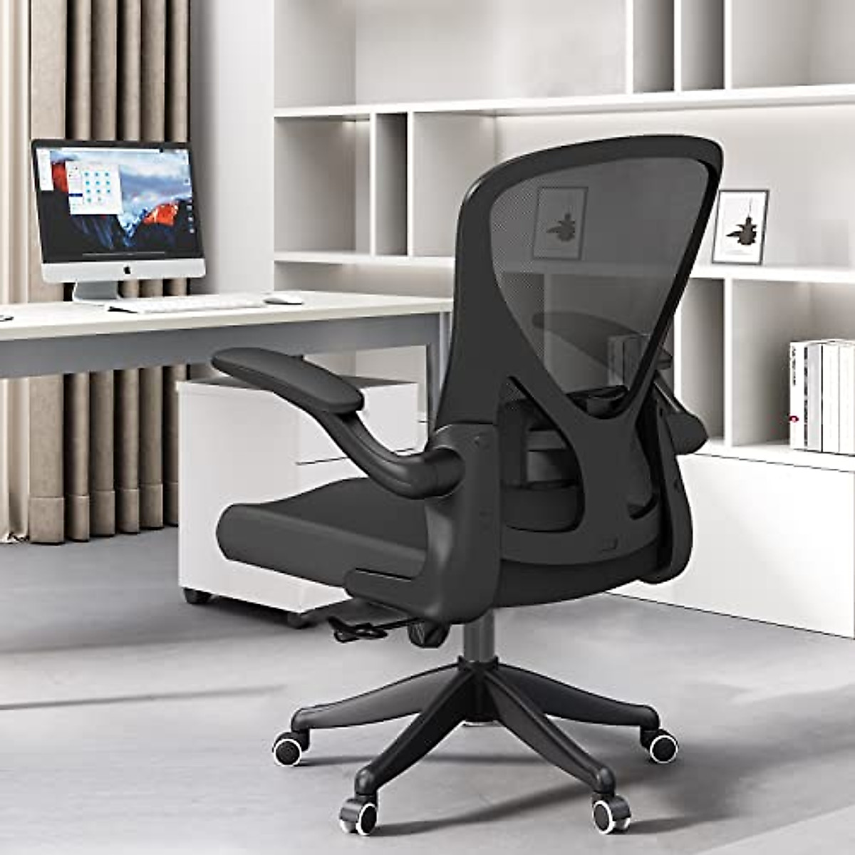 SICHY AGE Ergonomic Office Chair Home Desk Office Chair with Flip-Armrest & Cushion for Lumbar Support, Mid Back Computer Chair with Thickened Cushion Desk Chairs