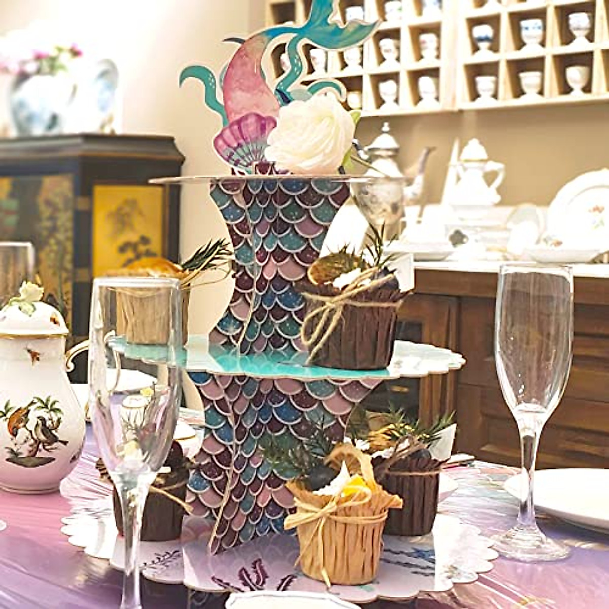 Ayearparty 3 Tier Cupcake Stand Mermaid Theme Table Decorations Cardboard Mini Cake Stand Holder Dessert Tower Round Serving Tray Under The Sea Baby Shower Birthday Party Supplies