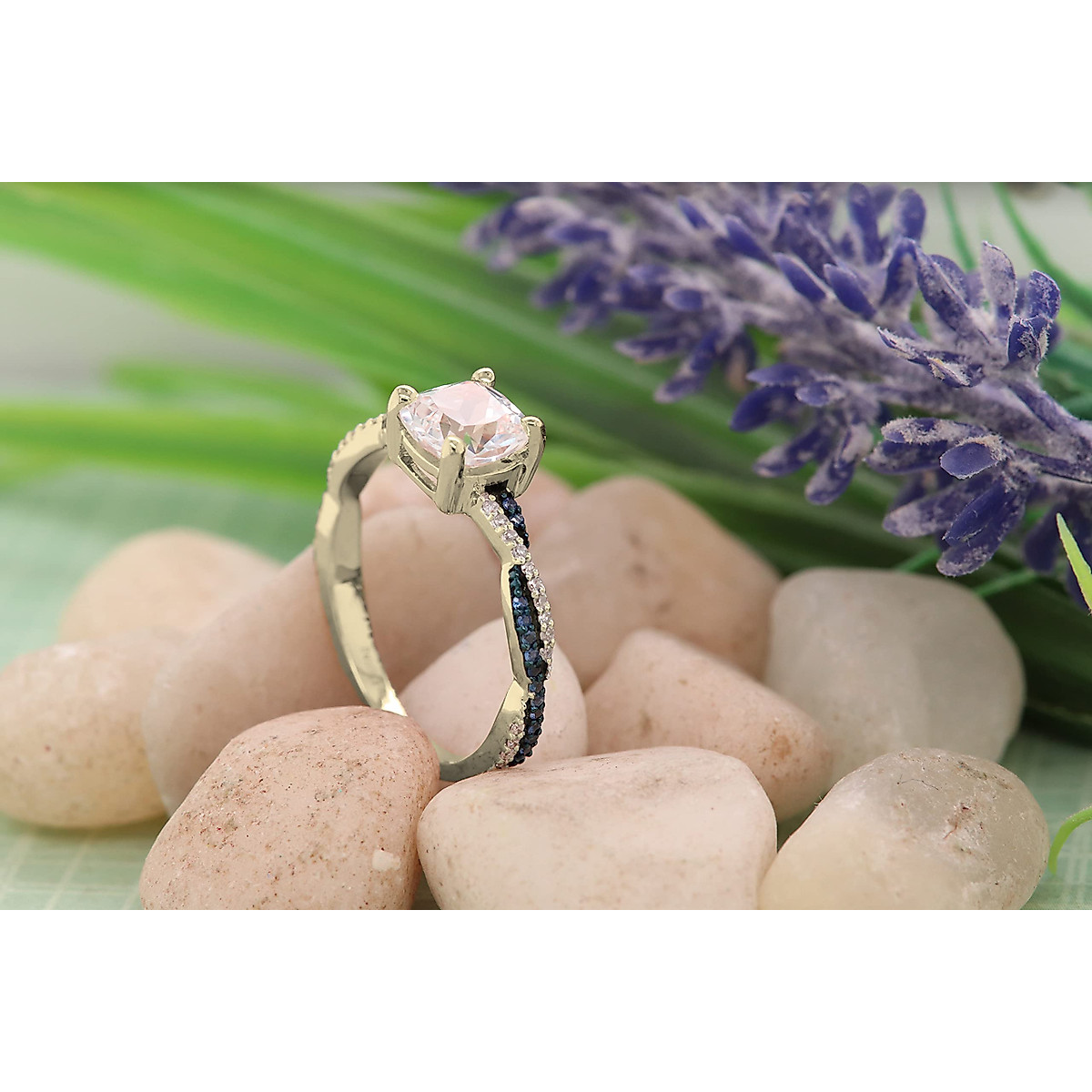 Dazzlingrock Collection 6 MM Cushion Lab Created White Sapphire with Round Blue Sapphire & Diamond Women Engagement Ring | 10K Yellow Gold, Size 9