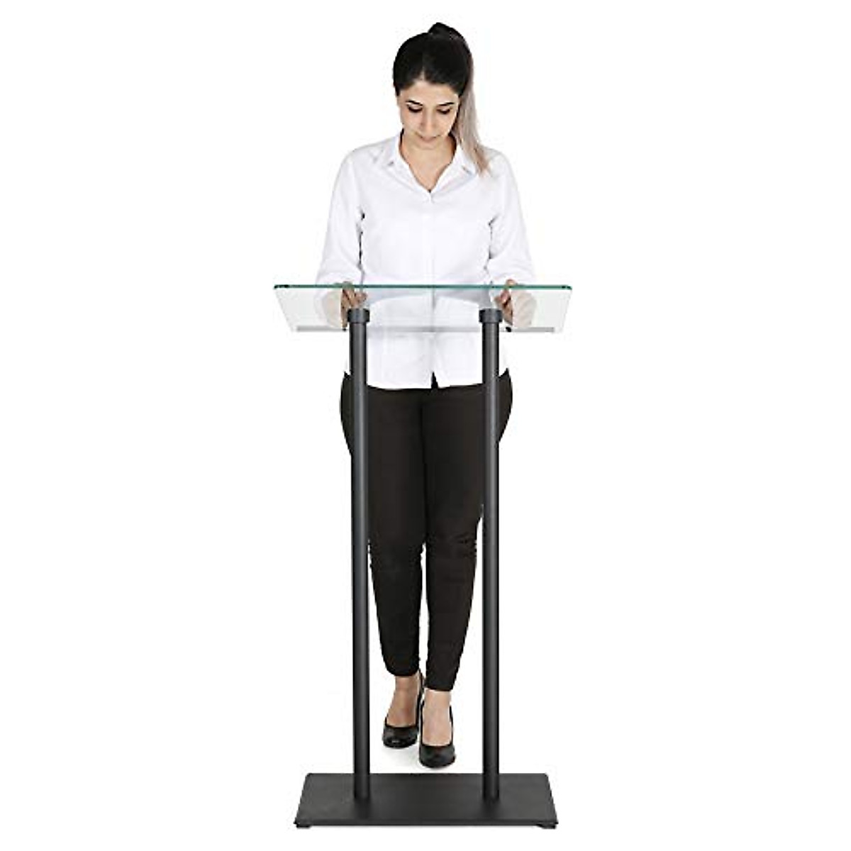 M&T Displays Tempered Clear Glass Podium Black Aluminum Body and Base 43.9 Inch Height Floor Standing Lectern Pulpit Desk