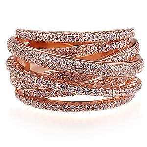 DoubleAccent 14K Gold or Rose Gold Plated Sterling Silver Ring Intertwined Design CZ Stone Pave Right Hand Ring 13.5mm, 5