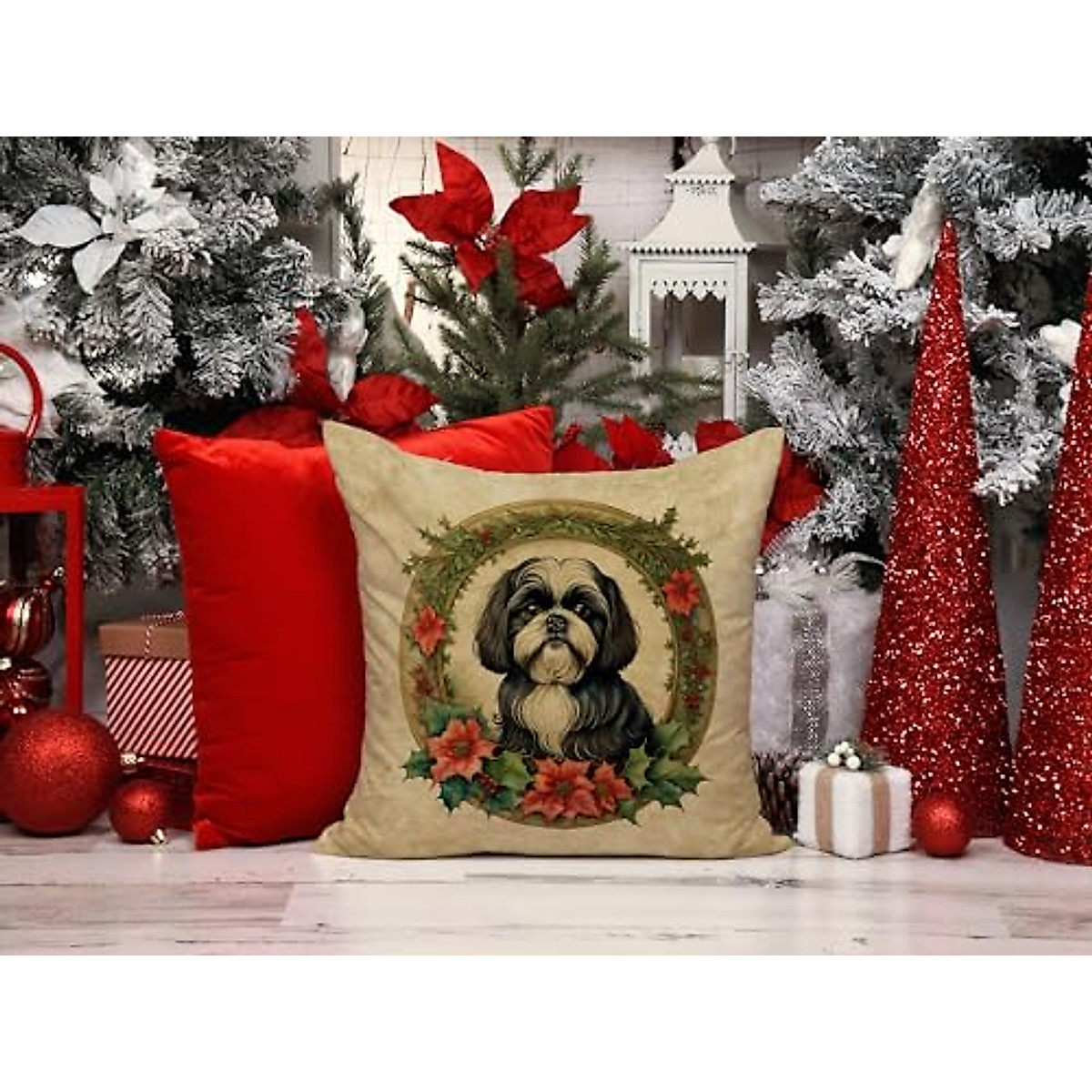 Caroline's Treasures DAC2432PW1818 Shih Tzu Christmas Flowers Throw Pillow Machine Washable, Indoor Outdoor Decorative Pillow for Couch, Bed or Patio, 18Hx18W