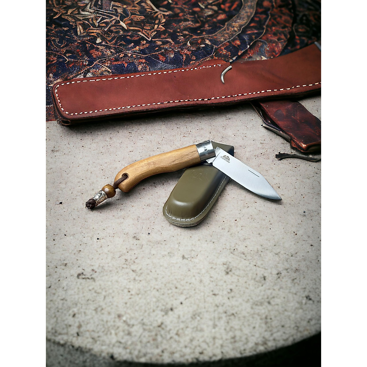 Yutpa Gear Hand Forged Knives Folding Pocket Knife 3.54" Stainless Steel Blade Plain Edge and Handmade Wood Handle with Leather Sheath - Rauros Survival EDC