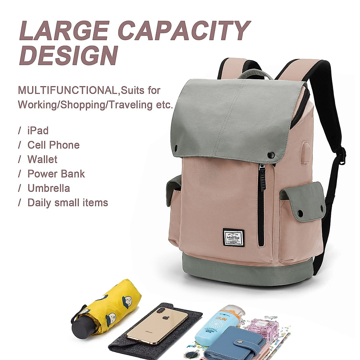 Wind Took leisure backpack for Women College Book Bag Travel Work Daypack Laptop Computer Bag with USB Charging Port Suits 15 Inch Notebook,Light Salmon