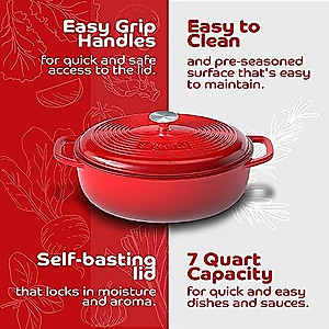 Segretto Cookware Enameled Oval Cast Iron Dutch Oven with Handle 7 Quart Rosso (Red) Oven Safe Dutch Oven Pot With Lid Cast Iron Enamel Dutch Oven Cast Iron Pot Set Cookware for Bread Baking, Basting