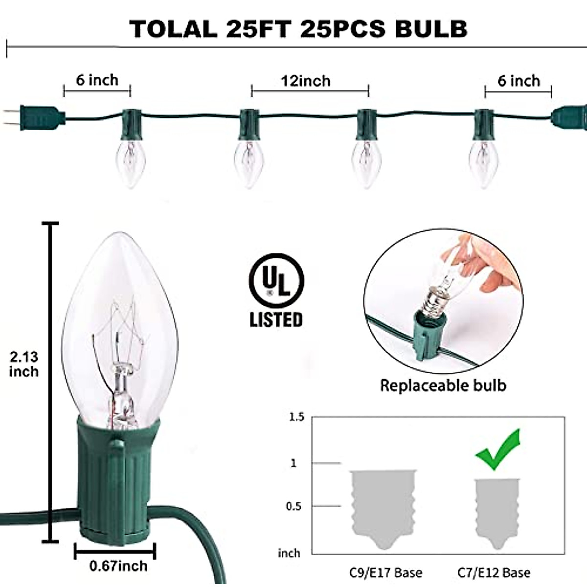 Pallerina C7 Christmas Lights, 25Ft C7 Clear Christmas String Lights with 27 C7 Warm White Bulbs, Vintage Christmas String Lights for Garden, Patio, Backyard, Cafe, Xmas Party, 5 Watt e12 Base