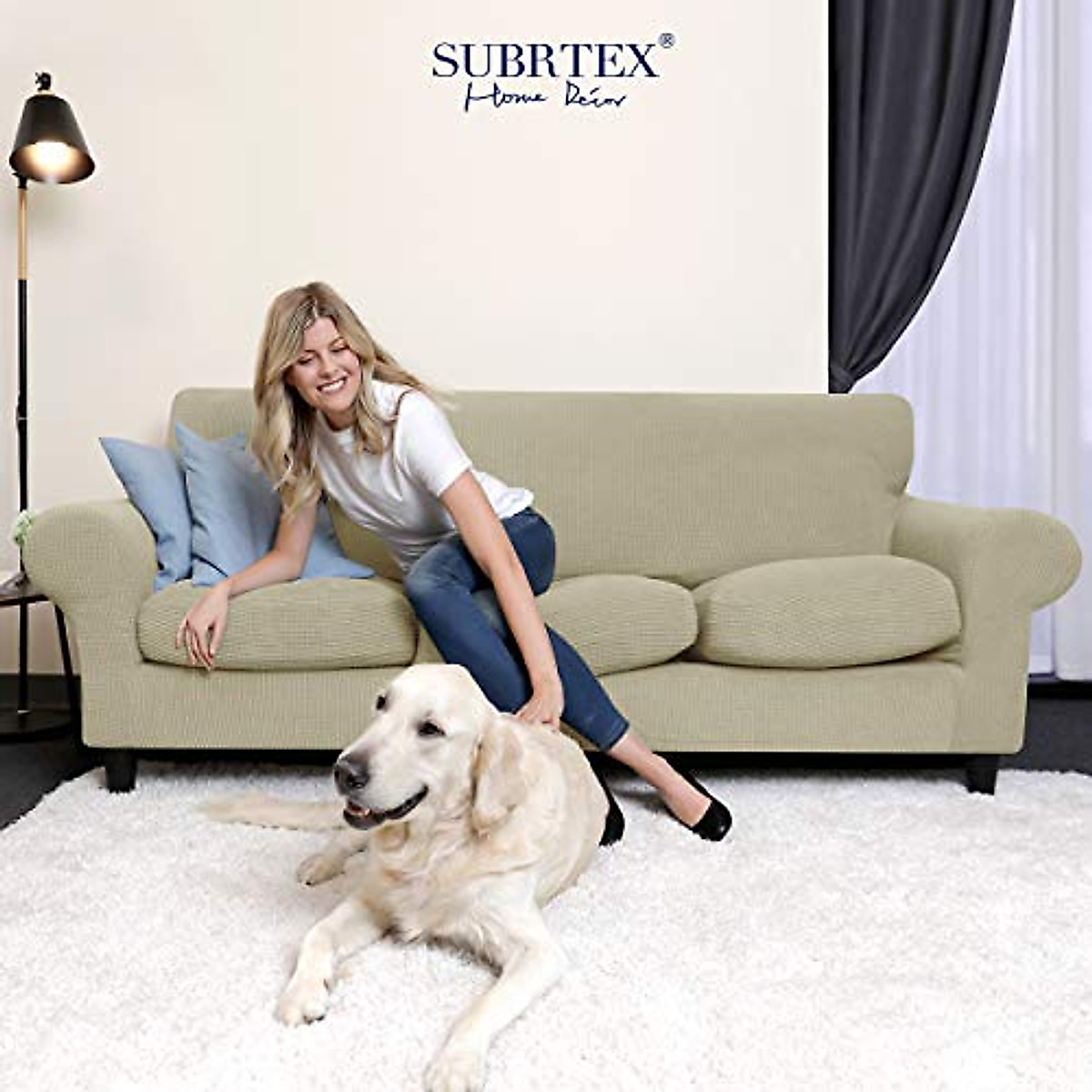 subrtex 4 Piece Sofa Cover High Stretch Couch Slipcover for 3 Cushion Soft Sofa Slipcover Jacquard Fabric Furniture Covers with Elastic Bottom Machine Washable(Sand,Large)