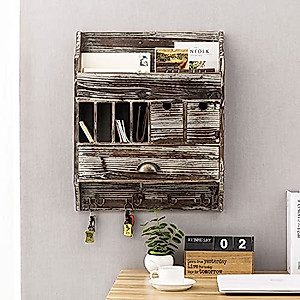 MyGift Torched Wood Entryway Wall Organizer with Mail Holder Organizer, Accessories Storage Compartments, Pull Out Drawers and Dual Key Hooks