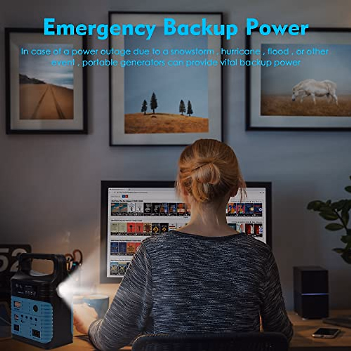 Solar Generator - Portable Power Station for Emergency Power Supply,Portable Generators for Camping,Home Use&Outdoor,Solar Powered Generator With Panel Including 3 Sets LED Light (blue)