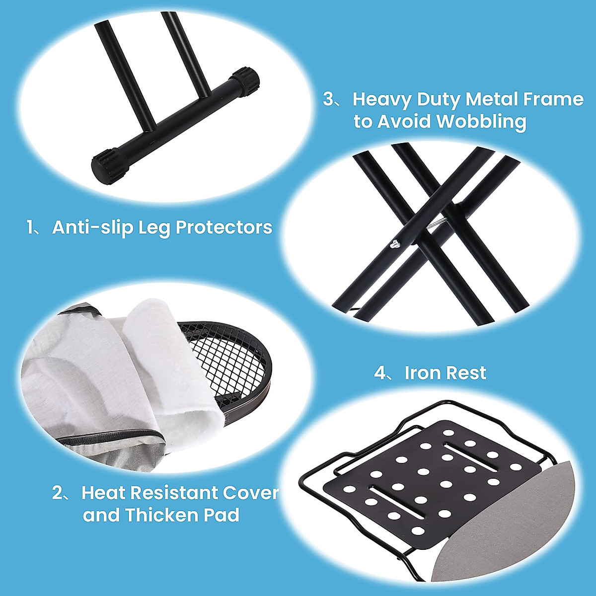 Jakeefud Deluxe Ironing Board with Extra Thick Heavy Duty Padded Cotton Cover,Hanger Iron Board,Lightweight and Easy Storage with Smart Hanger, for Small Spaces, Laundry Rooms (Size 43.3"x12.2") Grey