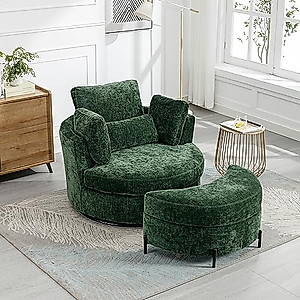360° Swivel Accent Barrel Chair and Half Crescent Moon Storage Bench Large Ottoman with 4 Pillows,Upholstered Oversized Leisure Round Loveseat Recliner Sofa Chaise Lounge Circle Armchair for Club