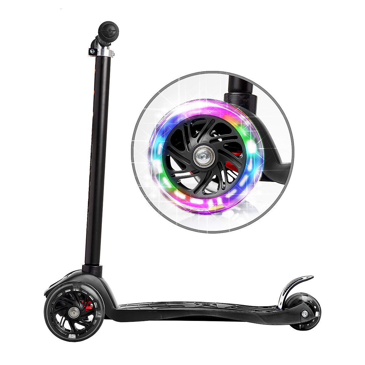 Rugged Racers Kick Scooter for Boys & Girls 3 Wheel Scooter, Adjustable Kick Scooter for Kids with PU LED Light Up Wheels, Step Brake, Lean 2 Turn, Ride on Toys for Children 5 Year Plus (Black)