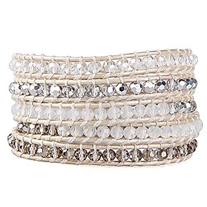 KELITCH Women Gray Clear Crystal Bracelets Beaded 5 Wrap Bracelet Handmade Love White Leather Strand Bracelets New