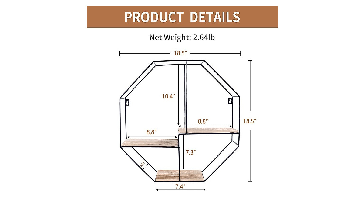 SPDELP Octagon Floating Shelf Wall Mounted Storage for Modern Decor