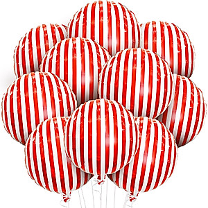 KatchOn, Red and White Striped Balloons - 18 Inch, Pack of 10 | Carnival Balloons for Carnival Decorations | 4D Striped Circus Balloons | Carnival Theme Party Decorations, Red and White Balloons Decor